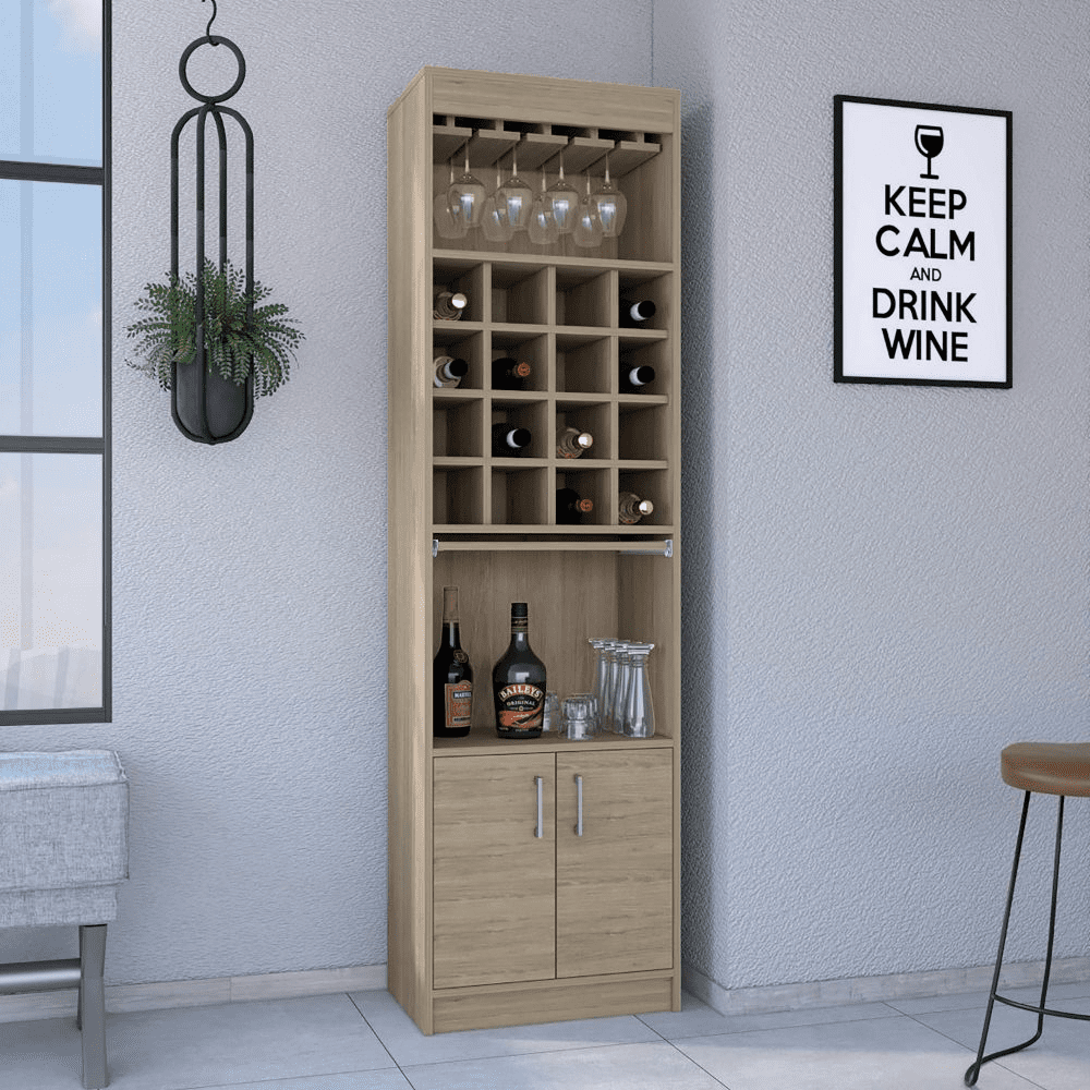 Kava Bar Cabinet with Extendable Tray, Shelf, 16 Wine Cubbies, Double ...