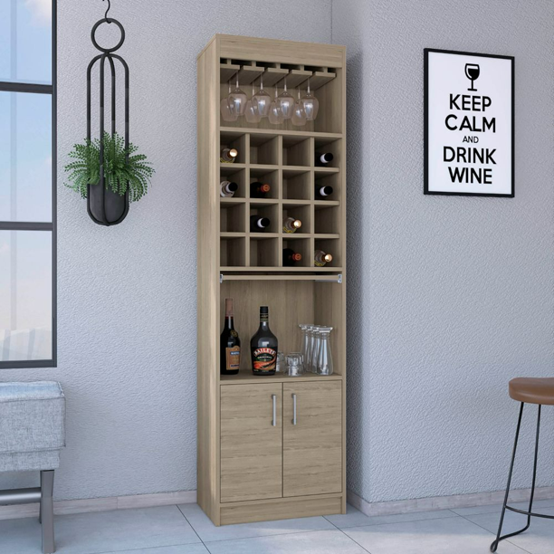 Kava Bar Cabinet with Extendable Tray, Shelf, 16 Wine Cubbies, Double ...