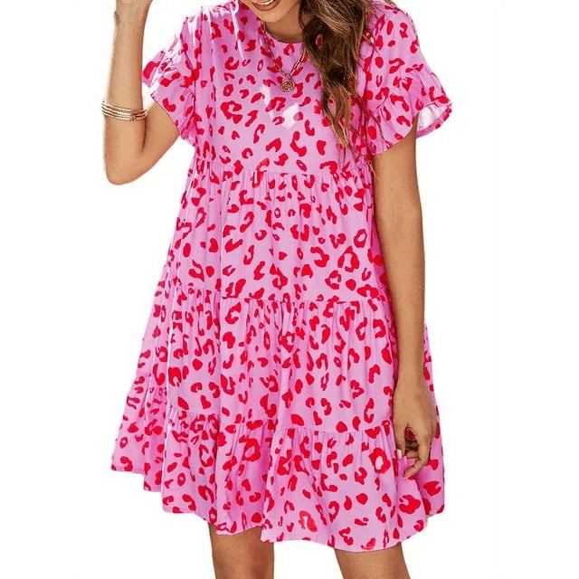 Boho Dresses For Women Floral Print Casual Ruffle Short Sleeve Tunic Dress Loose Summer Beach