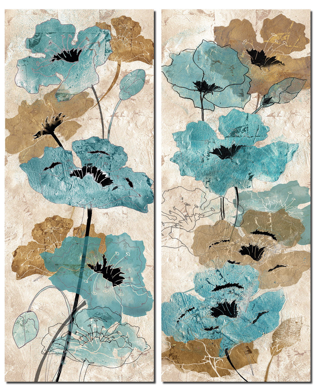 Gorgeous Garden Watercolor Tan and Teal Poppy Panels; 2-8x20" Unframed ...