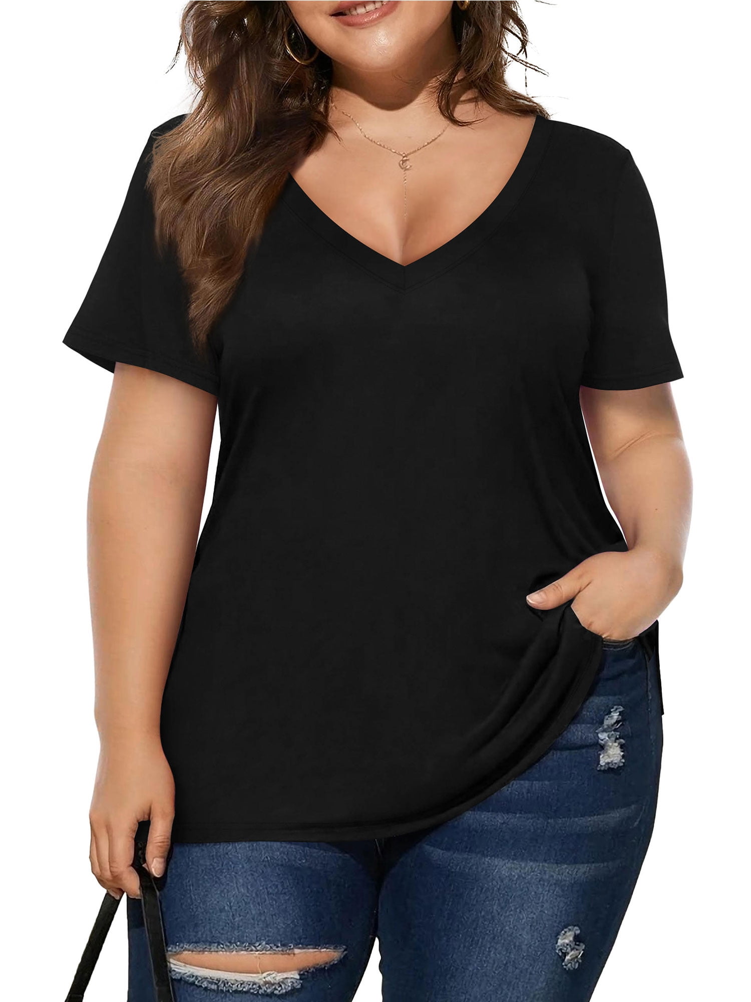 Starybirds Women Short Sleeve Shirt Trendy Plus Size V Neck Tops Black