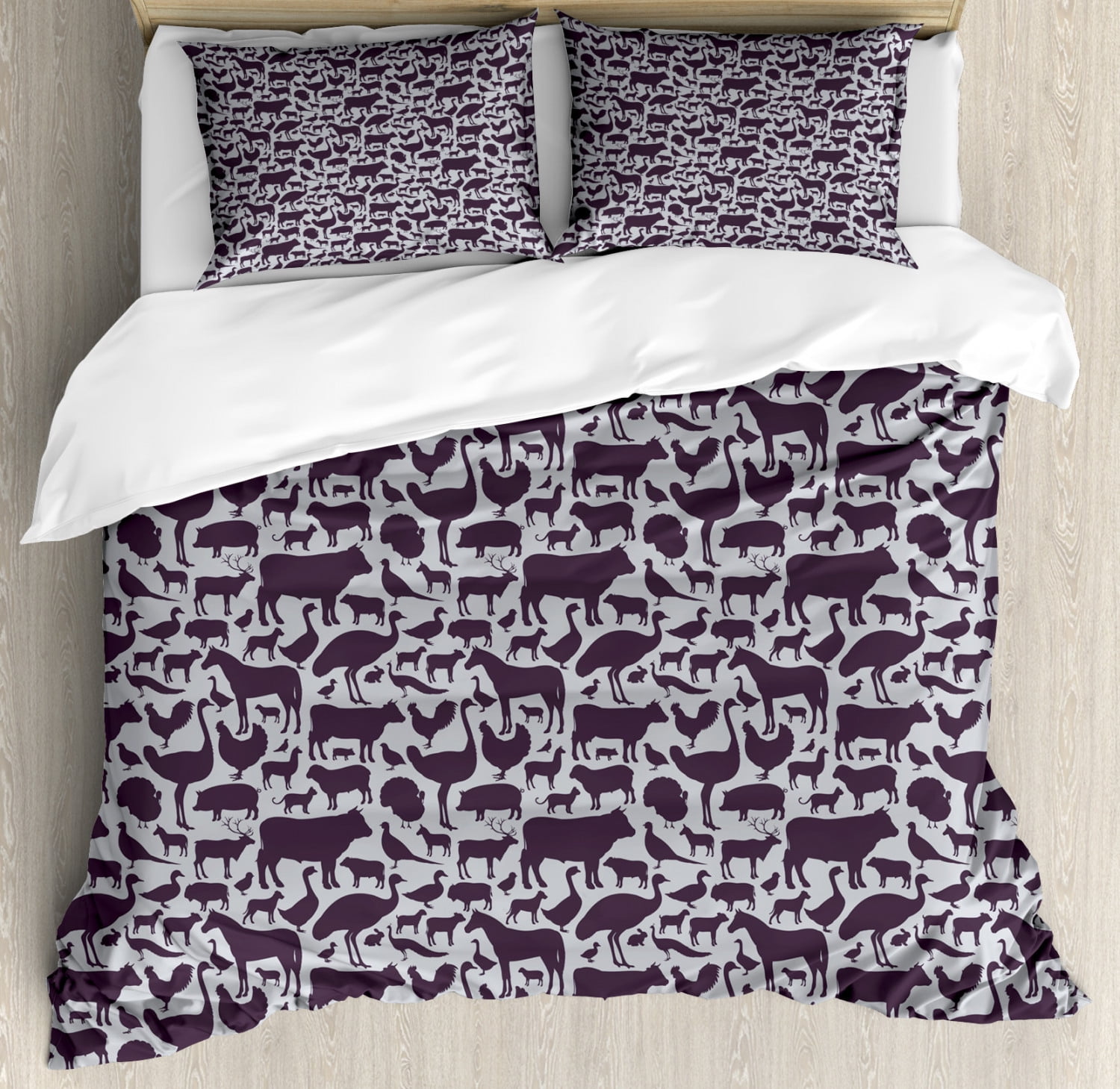 Safari Duvet Cover Set King Size, Silhouette of Peacock Cow Hyena ...