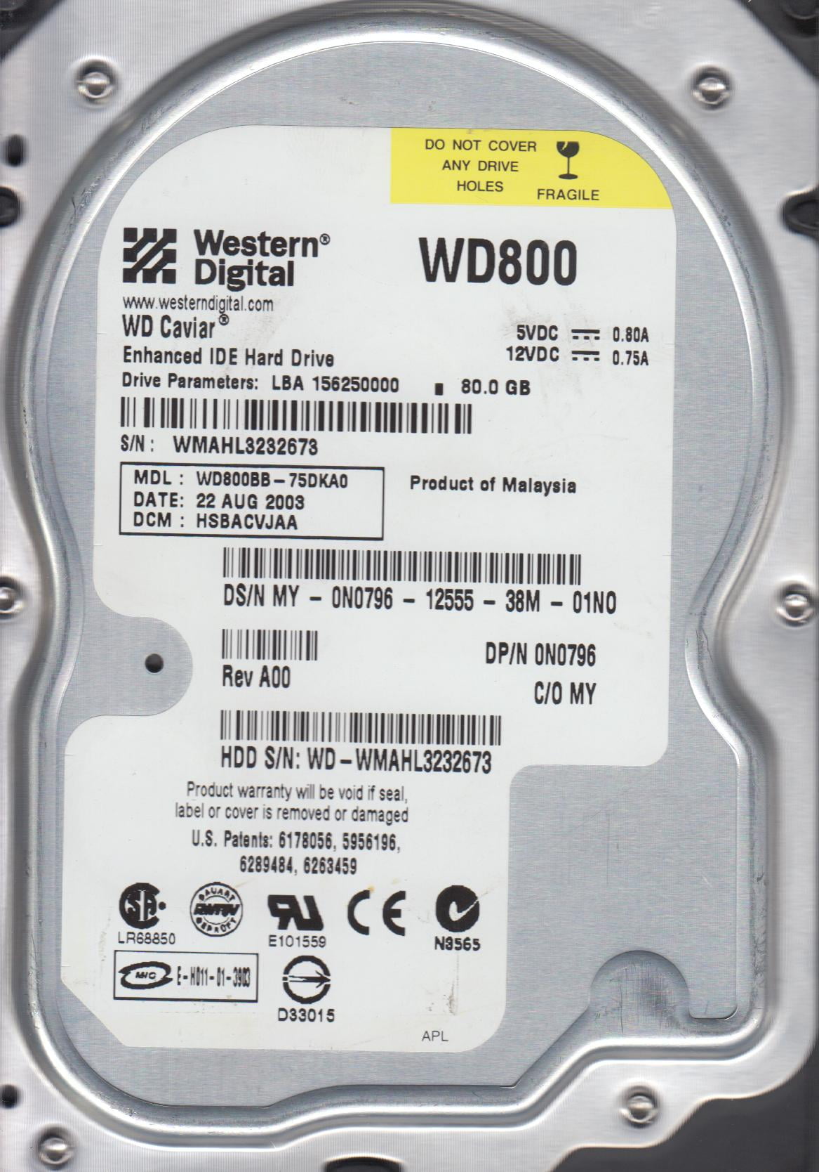 WD800BB-75DKA0, DCM HSBACVJAA, Western Digital 80GB IDE 3.5 Hard Drive ...