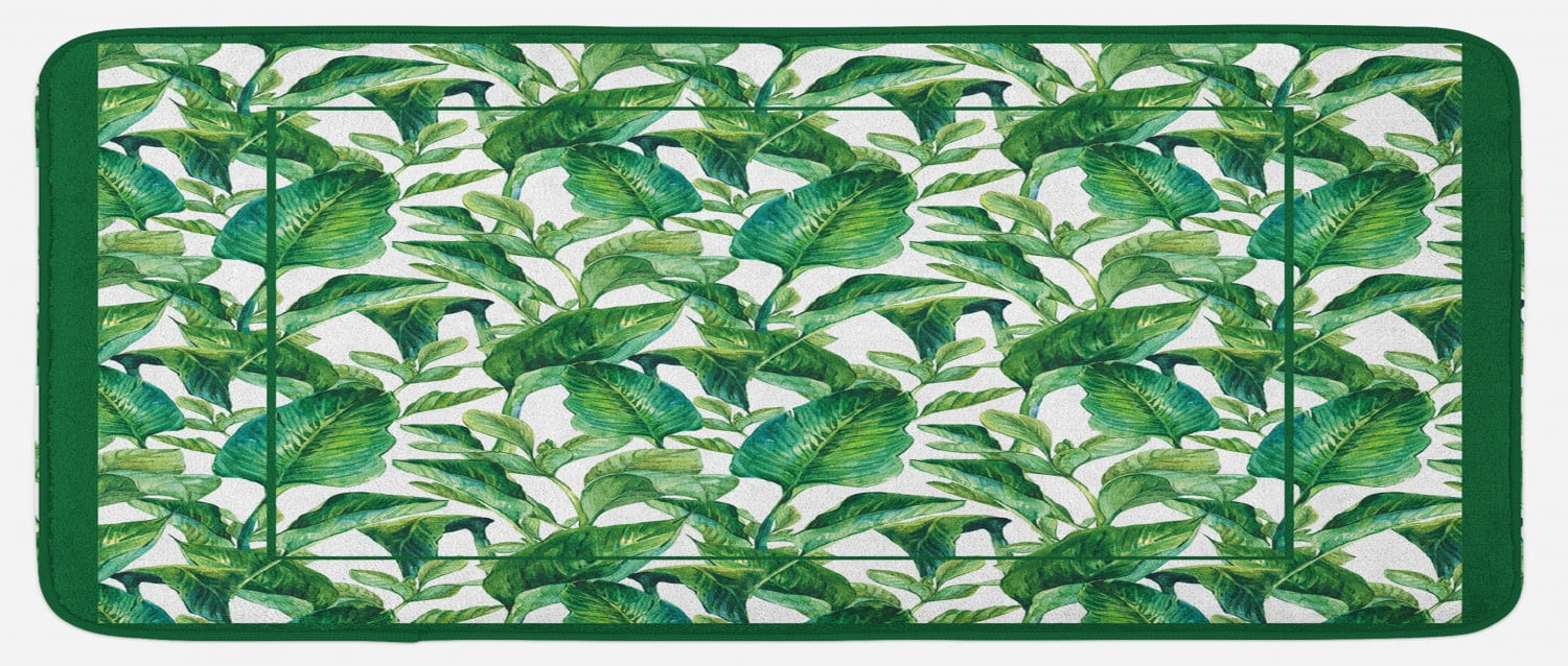 Green Kitchen Mat, Large Tropical Leaves Pattern Jungle Beach Island ...