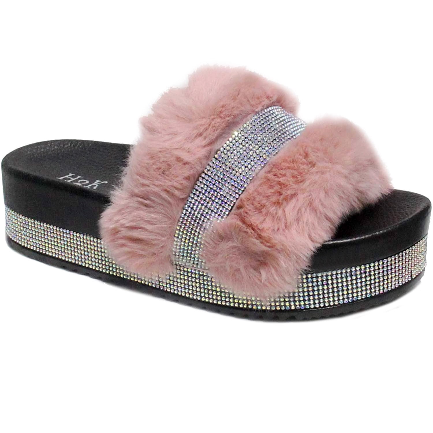 SNJ Women's Faux Fur Rhinestone Platform Slide Crystal Mid Heel Slipper ...