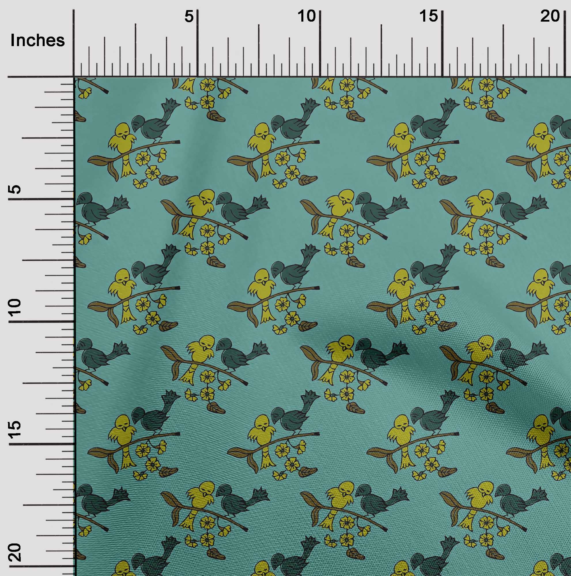 oneOone Silk Tabby Fabric Leaves|Bird & Floral Block Print Fabric By ...