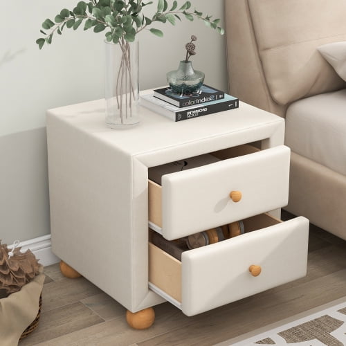 2 Drawer Nightstand, Elegant Upholstered Bedside Table, Bedroom End Tables with Cute Round ...