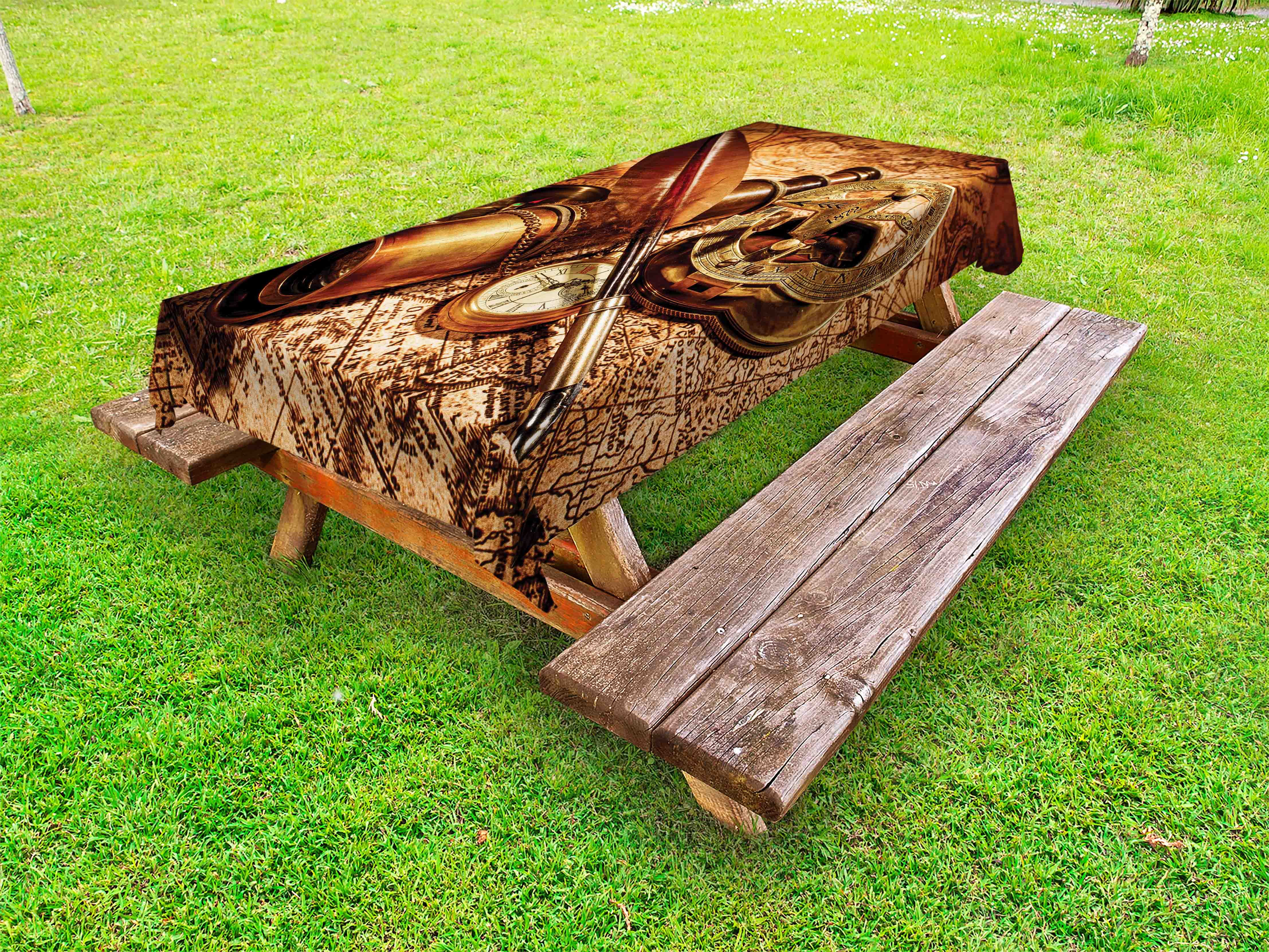 Antique Outdoor Tablecloth, Compass Goose Quill Pen Spyglass and a ...