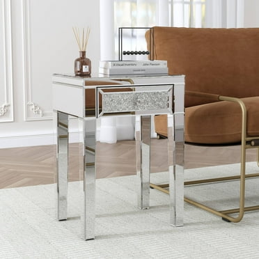 "24"" Silver Mirrored Side Table with Diamond Crush for Living Room ...