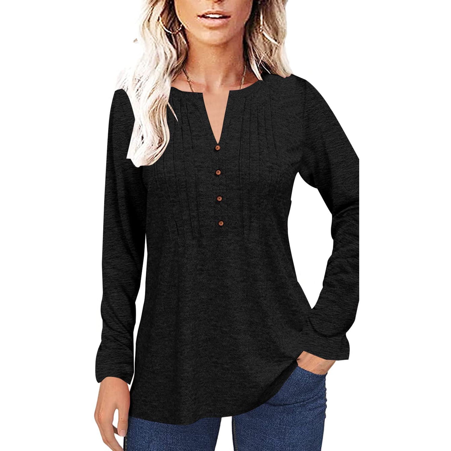 Delou Women's Summer Autumn V-Neck Pleated Button Casual Long Sleeve T ... Delou Women's Summer Autumn V-Neck Pleated Button Casual Long Sleeve T ...