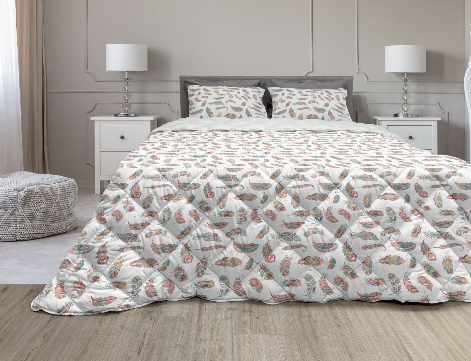 Indie Comforter & Sham Bedding Set, Feathers Colorful Style Ornaments ...