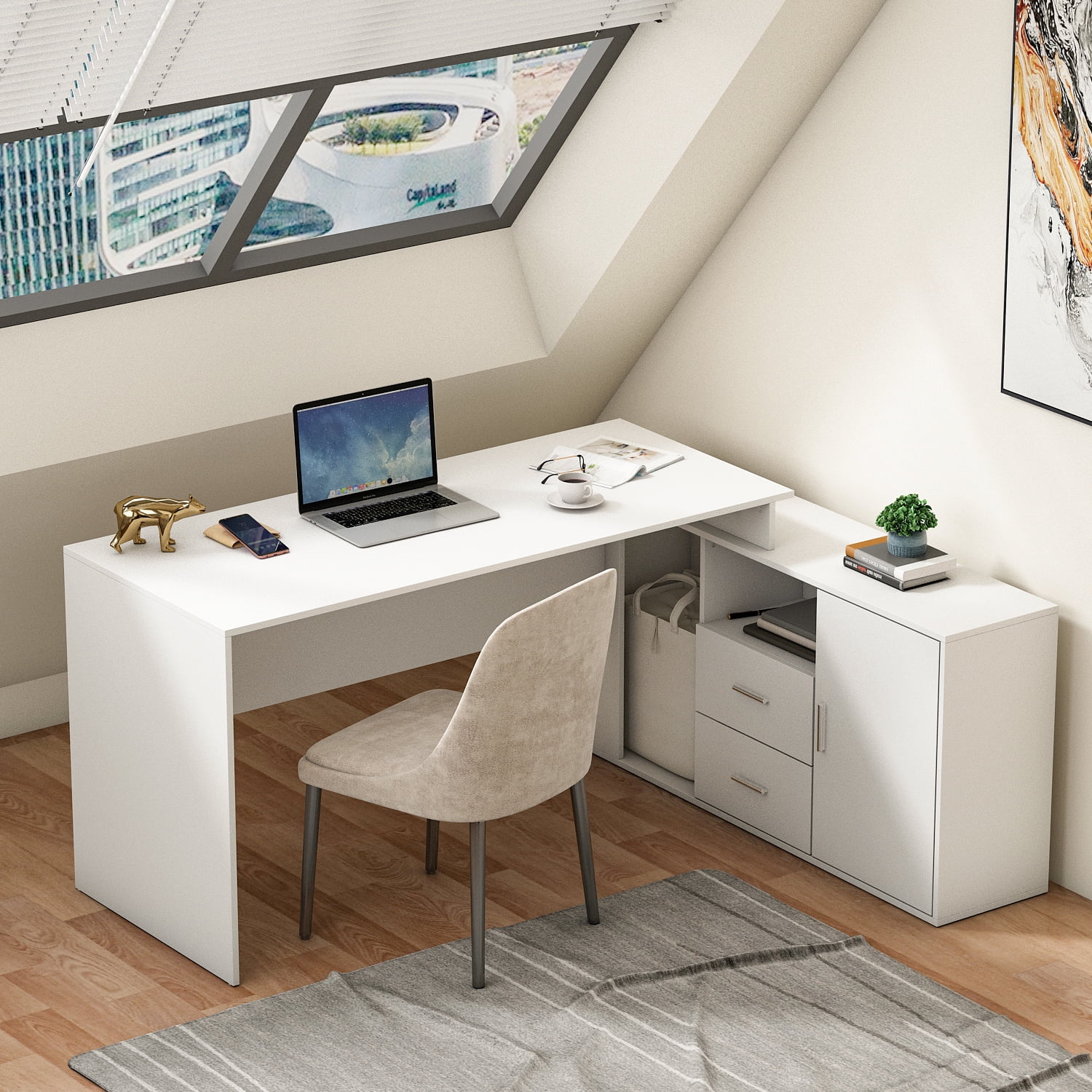 Timechee 55" L Shaped Desk Computer Desk with Storage Shelf and Drawers ...