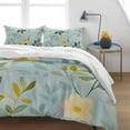4 Piece Duvet Cover Set Full, Spring Flower Leaves on Green Linen Soft ...
