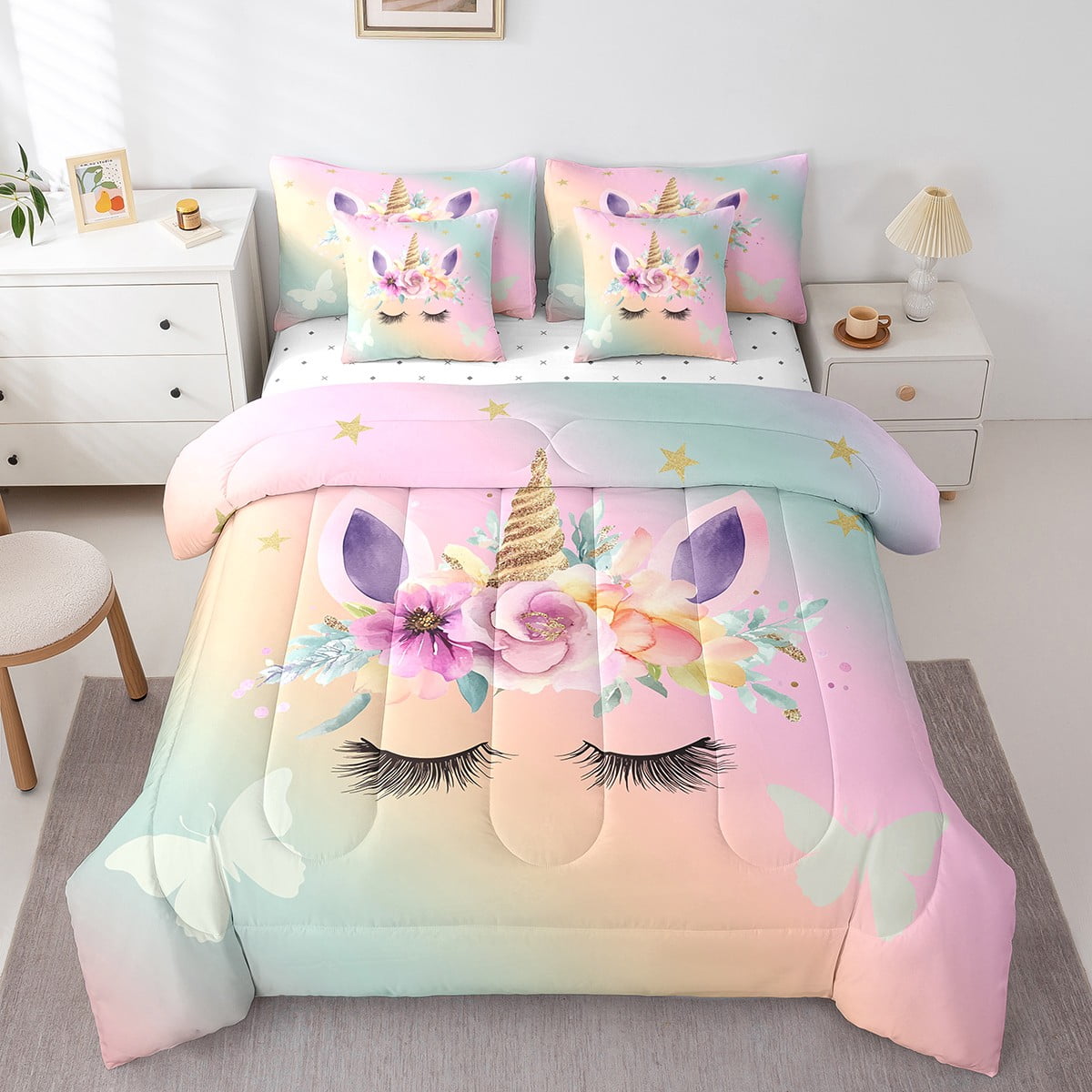 Click here for Erosebridal Rainbow Unicorn 7 Piece Bedding Set Qu... prices