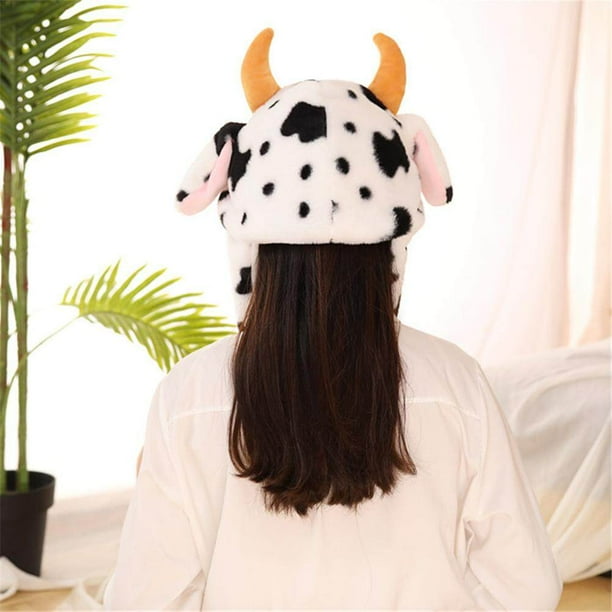 Cute Animal Hat with Moving Funny Stuffed Ears Cartoon Milk Cow Earflap ...