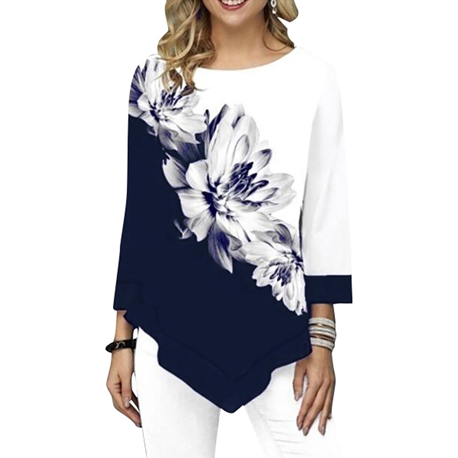 Click here for Graflsoa Womens Navy Blue Floral Print Round Neck... prices