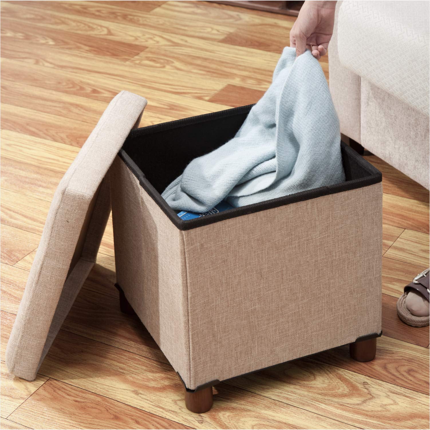 15 Inches Storage Ottoman with Wooden Legs Cube Foot Rest Stool, Square ...