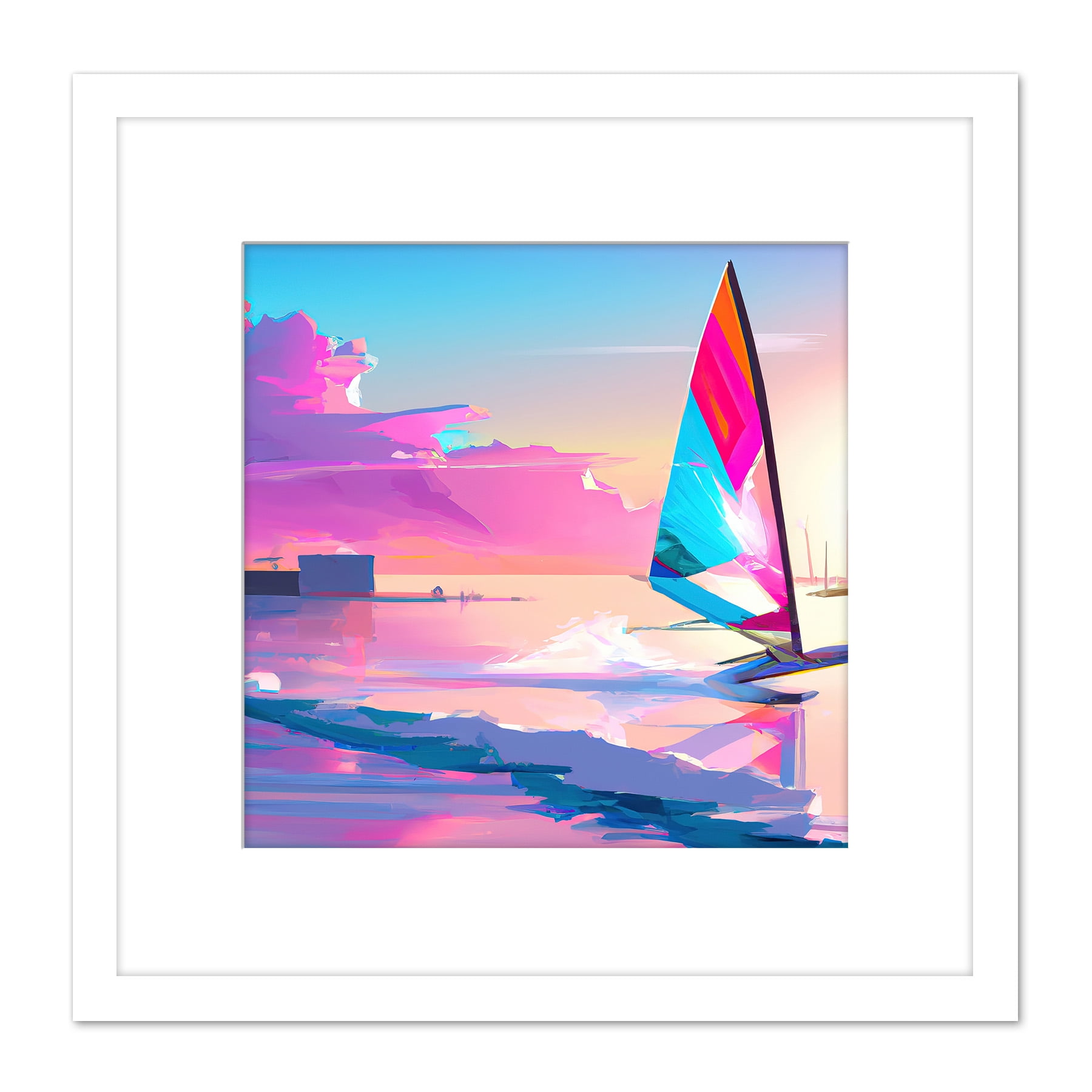Pink Skies Seascape Windsurfer Windsurfing Bright Vibrant Watercolour ...