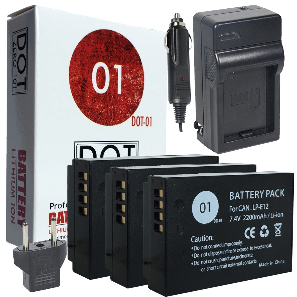 3x DOT-01 Brand 2200 mAh Replacement Canon LP-E12 Batteries and Charger ...