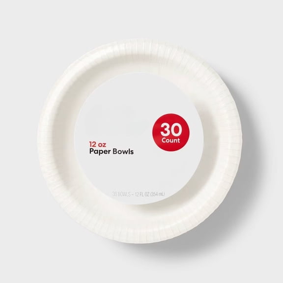 30ct White Disposable Paper Bowls, 12 Ounce Capacity, Round Solid Color ...