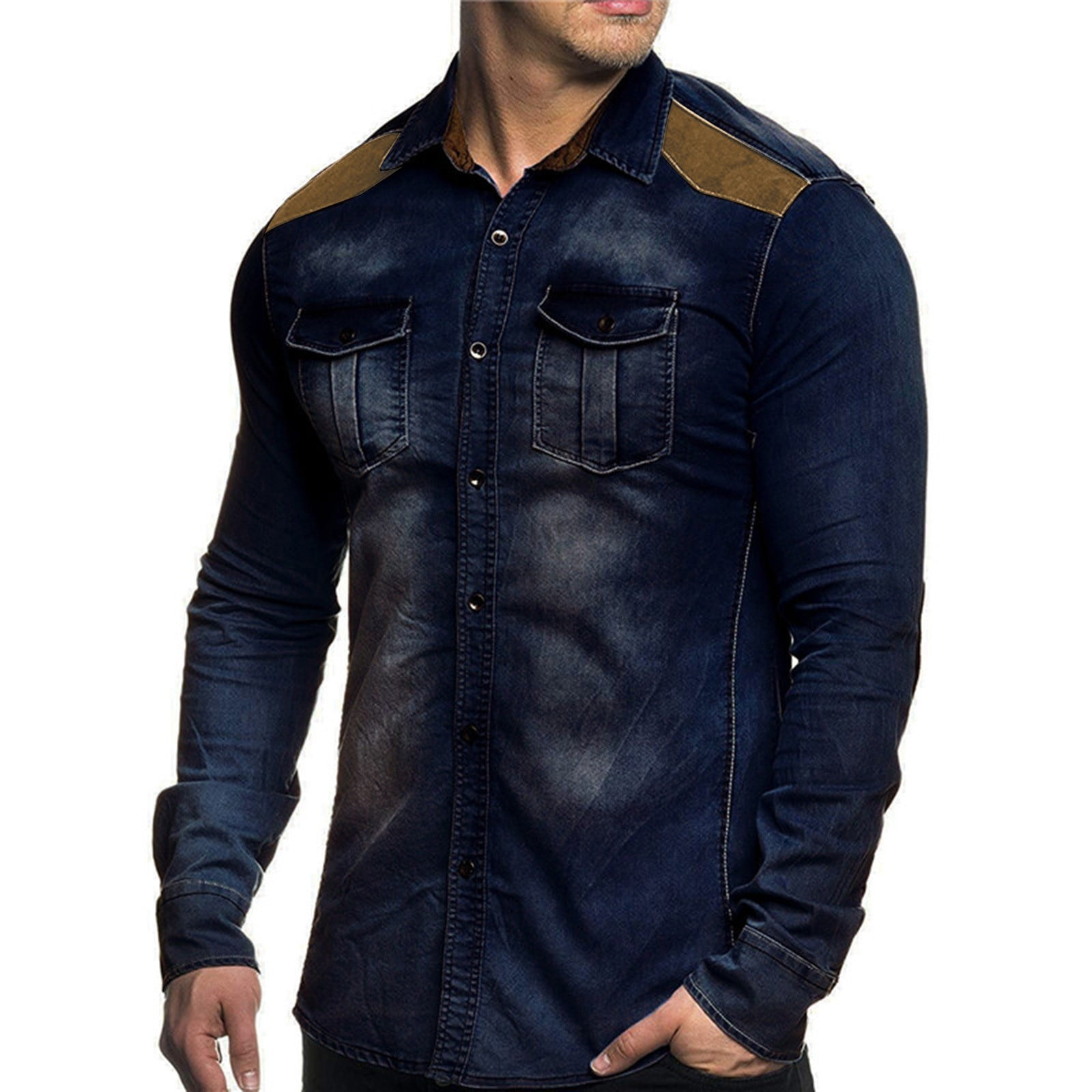Denim Shirt for Men Classic Slim Fit Long Sleeve Button Down Work ...