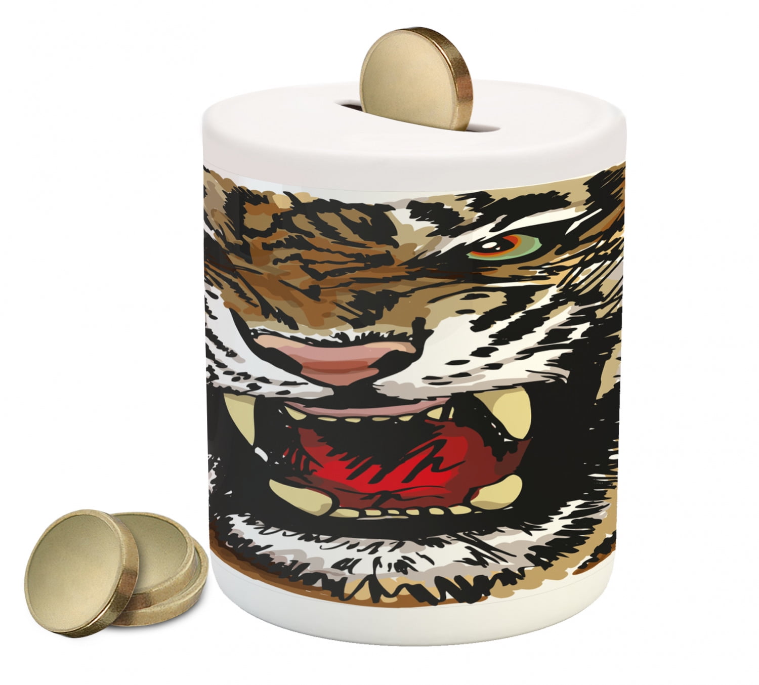 Tiger Piggy Bank, Digital Drawing of Large Feline Sketch Style Angry ...