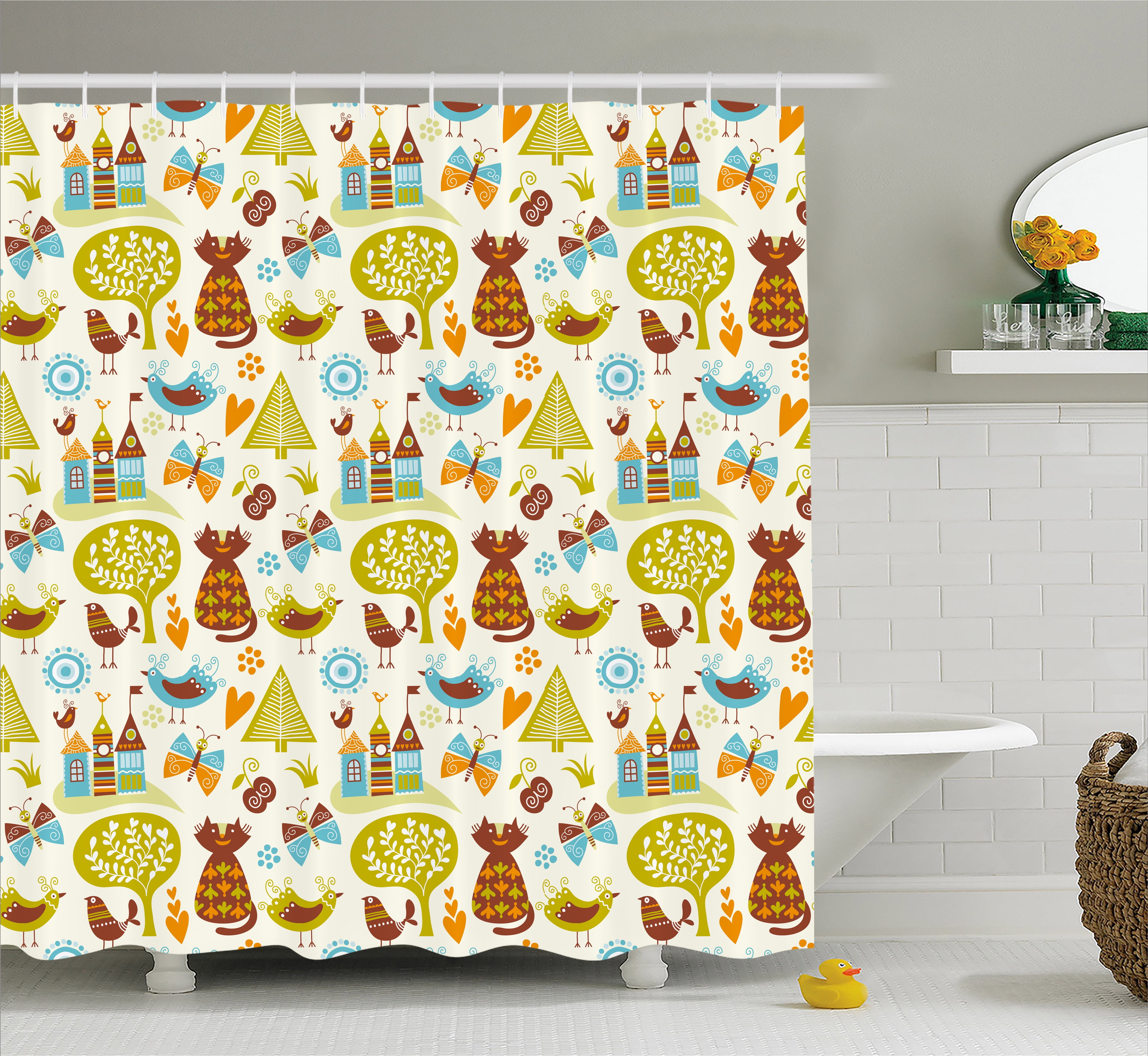 Kids Shower Curtain, Cats Birds and Butterflies with Ornate Details ...