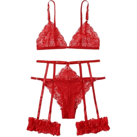 F493- VEEKI Women's 3 Pieces Floral Lace Mesh Garter Straps Lingerie ...
