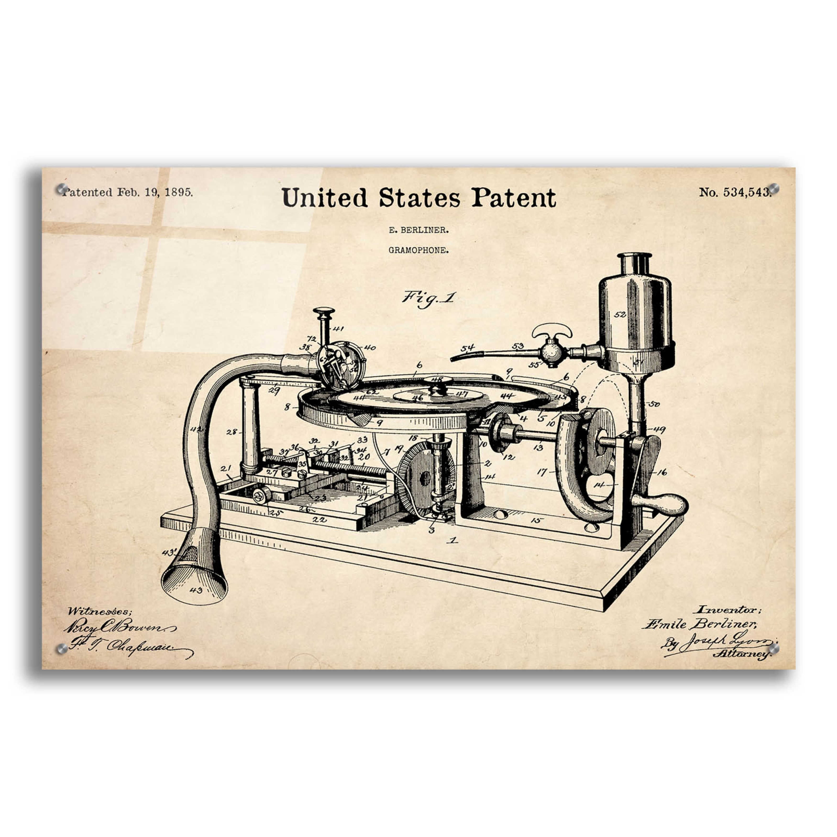 Epic Art 'Gramophone, 1895 Blueprint Patent Parchment,' Acrylic Glass ...