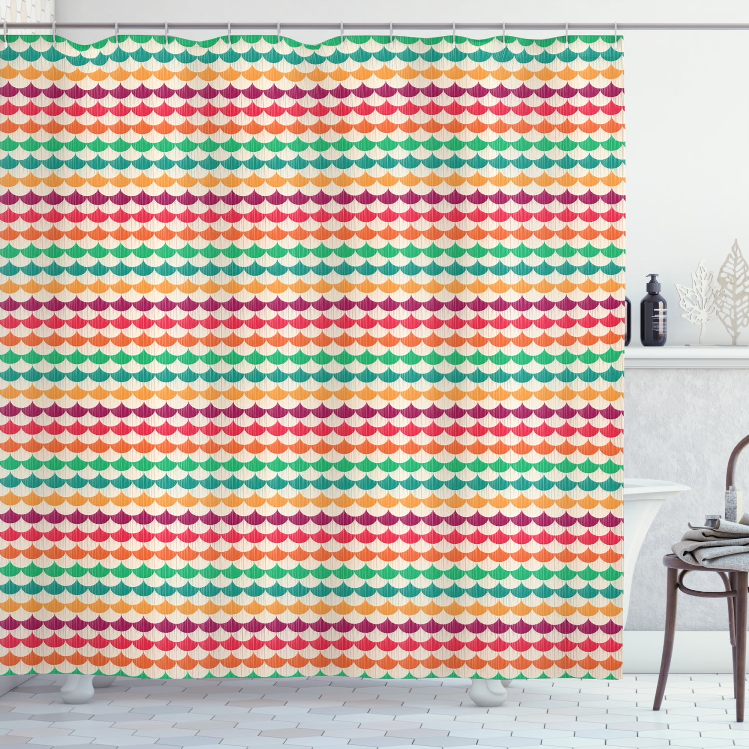 Fish Scale Shower Curtain, Waves with Vertical Stripy Effect and Vivid ...
