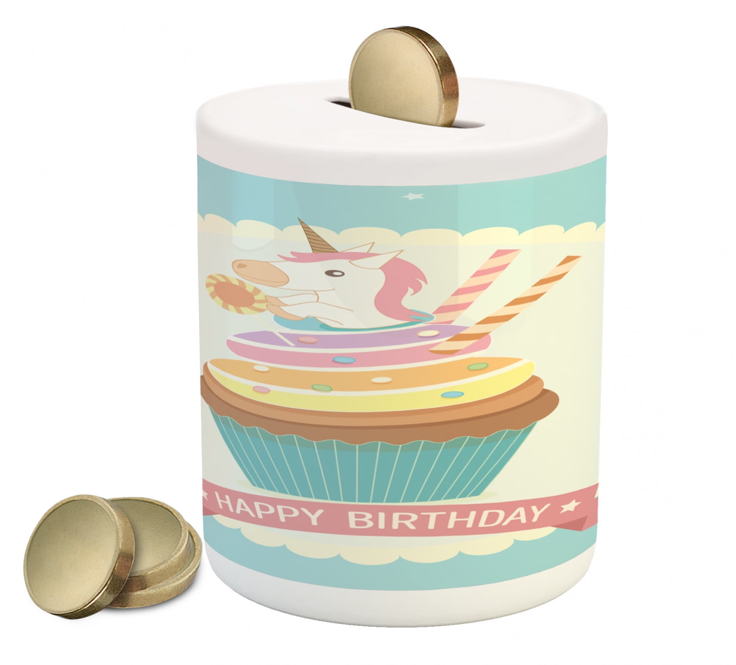 Unicorn Party Piggy Bank, Character Sitting on Cupcake with Frosting ...