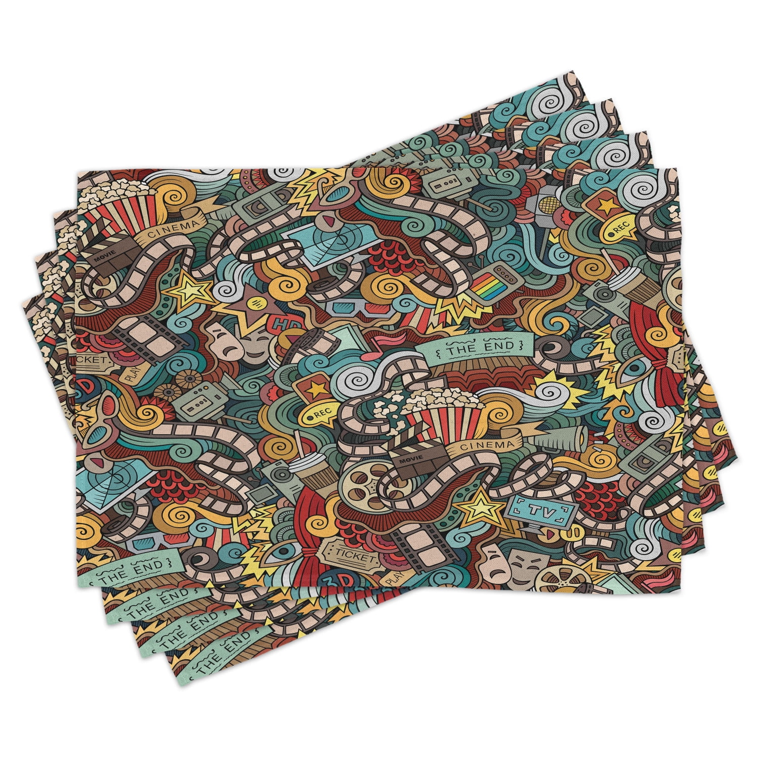 Doodle Placemats Set of 4 Cinema Items Combined in an Abstract Style ...