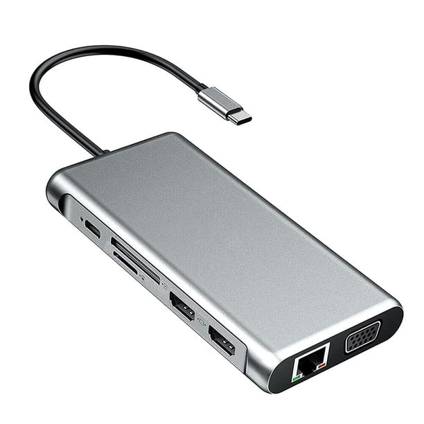 Adaptador multipuerto USB C dual HDMI, concentrador tipo C 12 en 1 con HDMI dual 4K, VGA, RJ45 ...