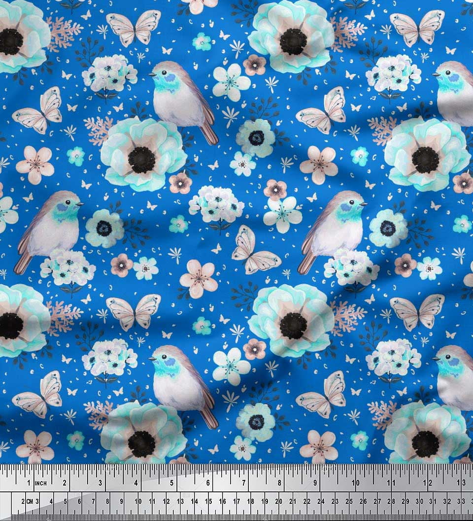 Soimoi Japan Crepe Satin Fabric Robin,Butterfly & Anemone Floral ...
