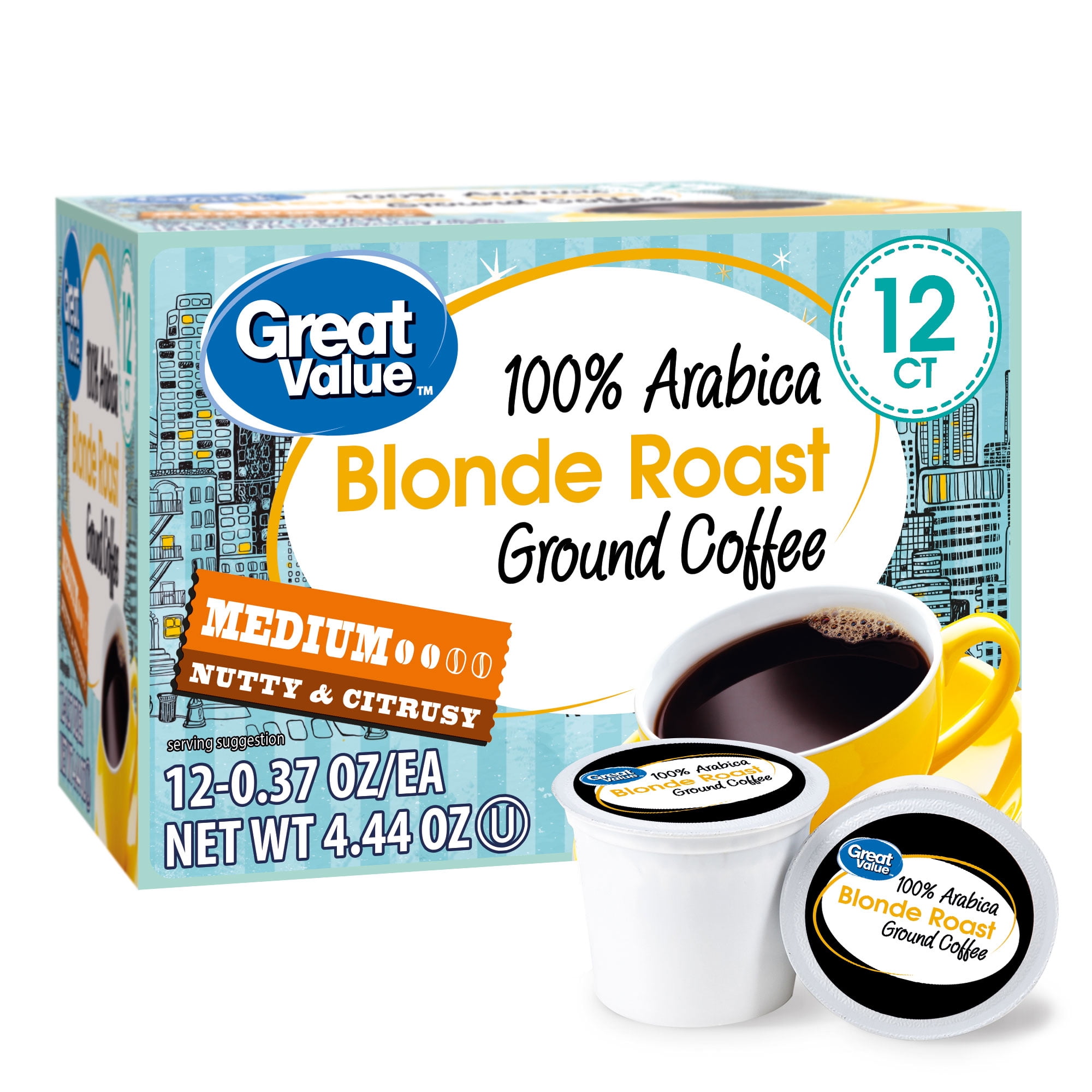 Great Value 100% Arabica Blonde Medium Roast Ground Coffee Pods, 12 Ct ...
