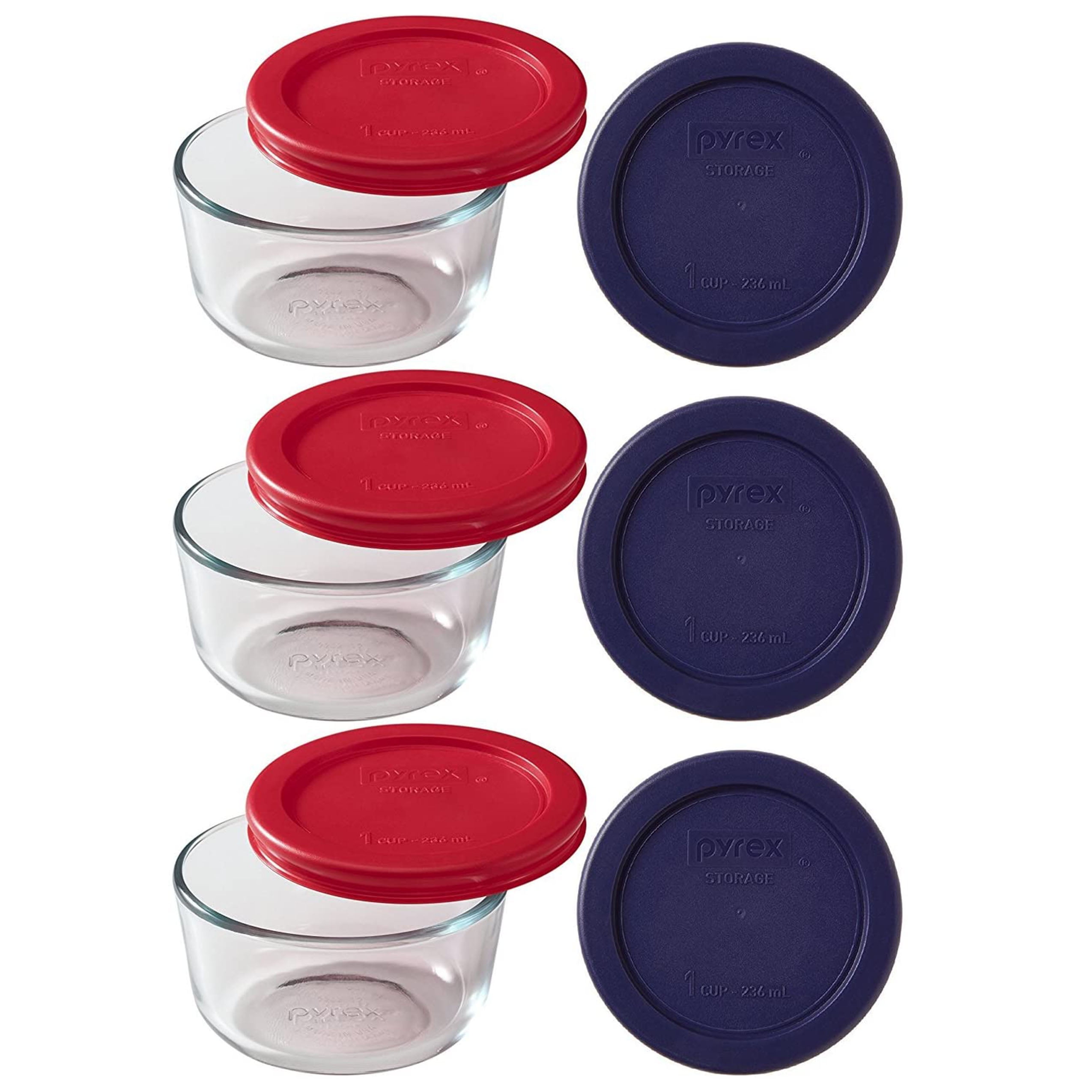 Pyrex (3) 7202 1-Cup Glass Bowls with (3) 7202-PC Dark Blue and (3 ...