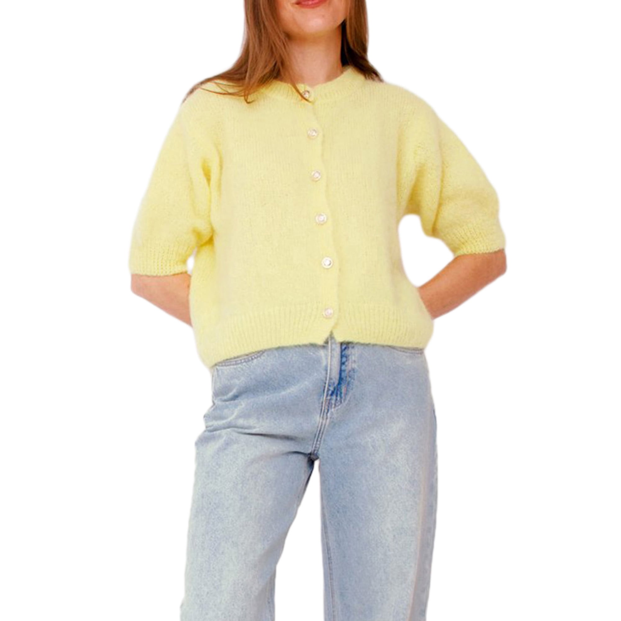 Click here for Gupgi Women Knitted Crop Cardigan Solid Color Swea... prices