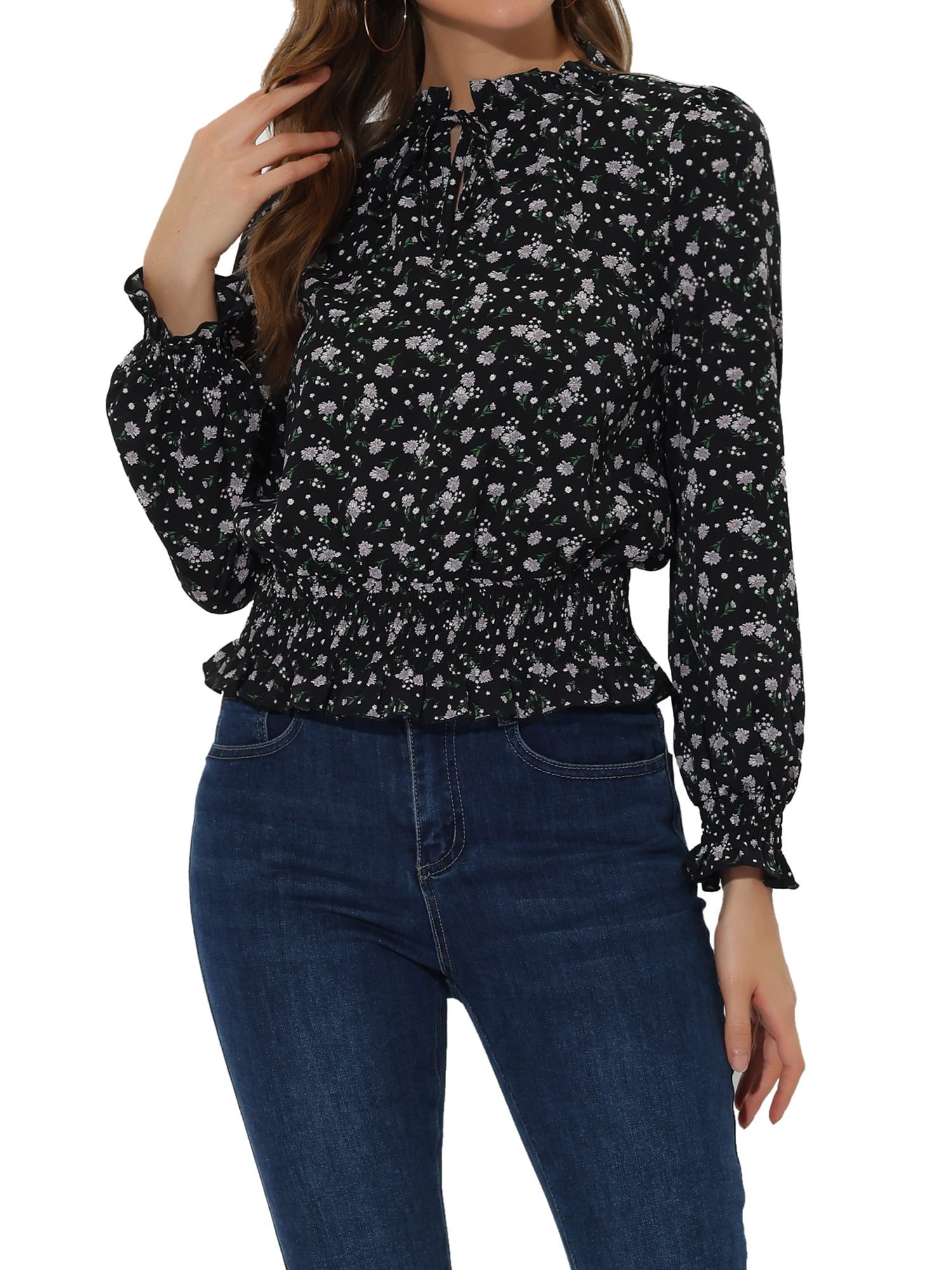 Allegra K Womens Floral Print V Neck Lantern Sleeve Casual Blouse
