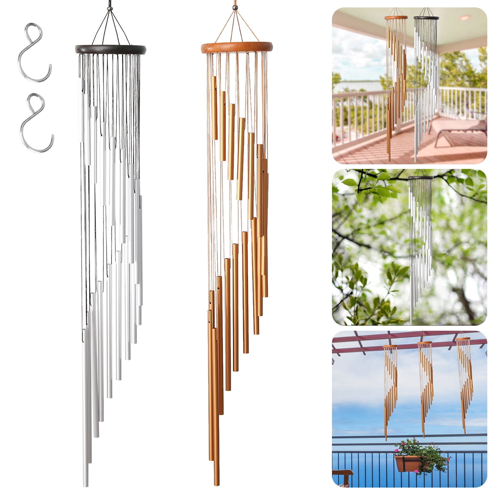 36" Garden Large Wind Chimes - With S Hook & 18 Silver Frosted Aluminum ...
