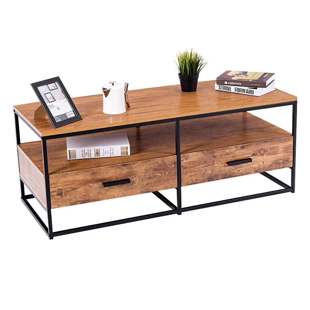 Gymax 47'' 2-Tier Cocktail Coffee Table Metal Desk Shelf Storage ...