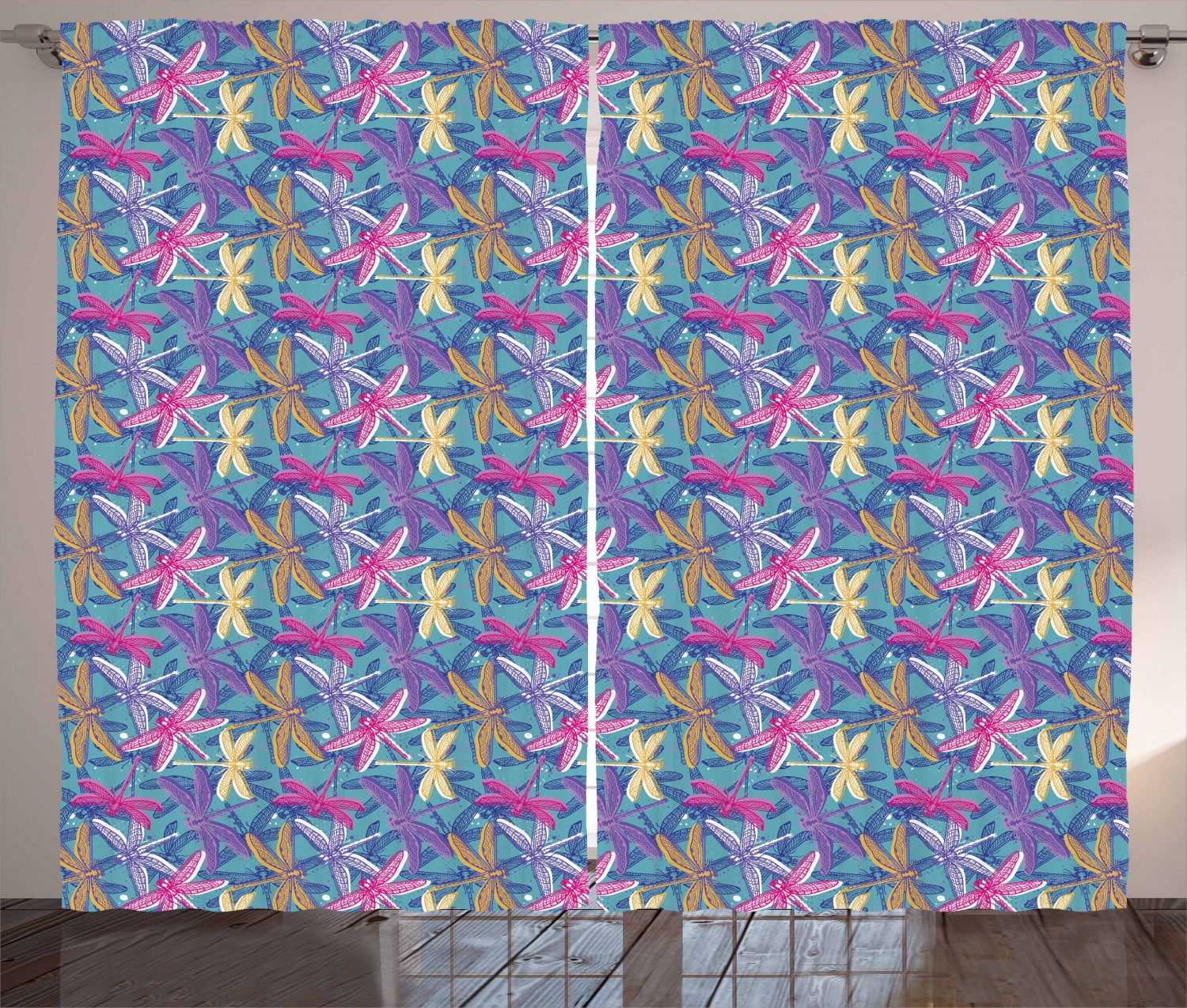 Dragonfly Curtains 2 Panels Set, Hand Drawn Grunge Effect Dragonflies ...