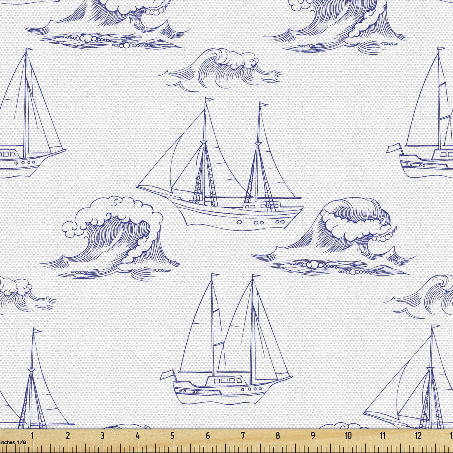 Marine Fabric by the Yard, Continuous Pattern with Ships and Waves ...