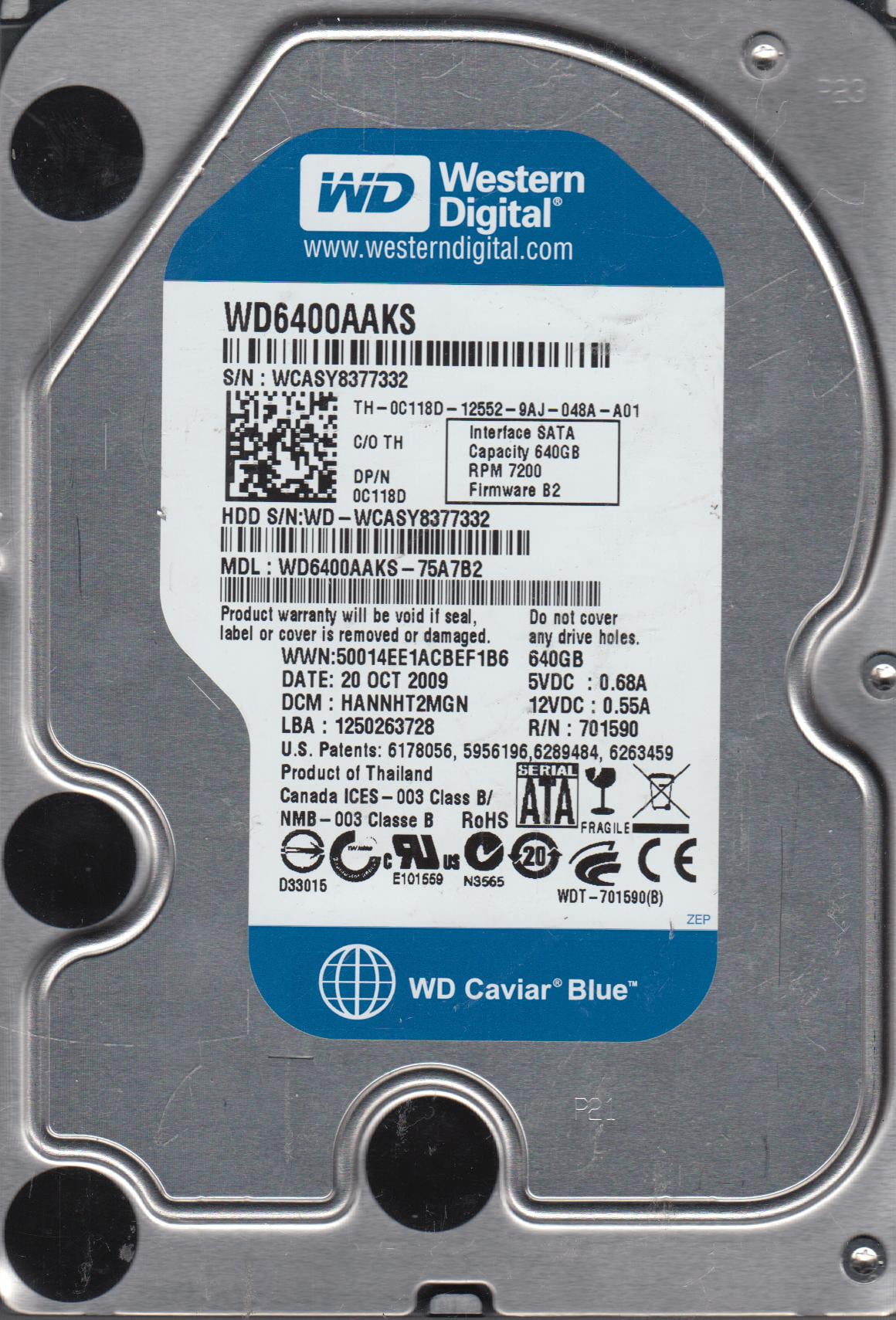 WD6400AAKS-75A7B2, DCM HANNHT2MGN, Western Digital 640GB SATA 3.5 Hard ...