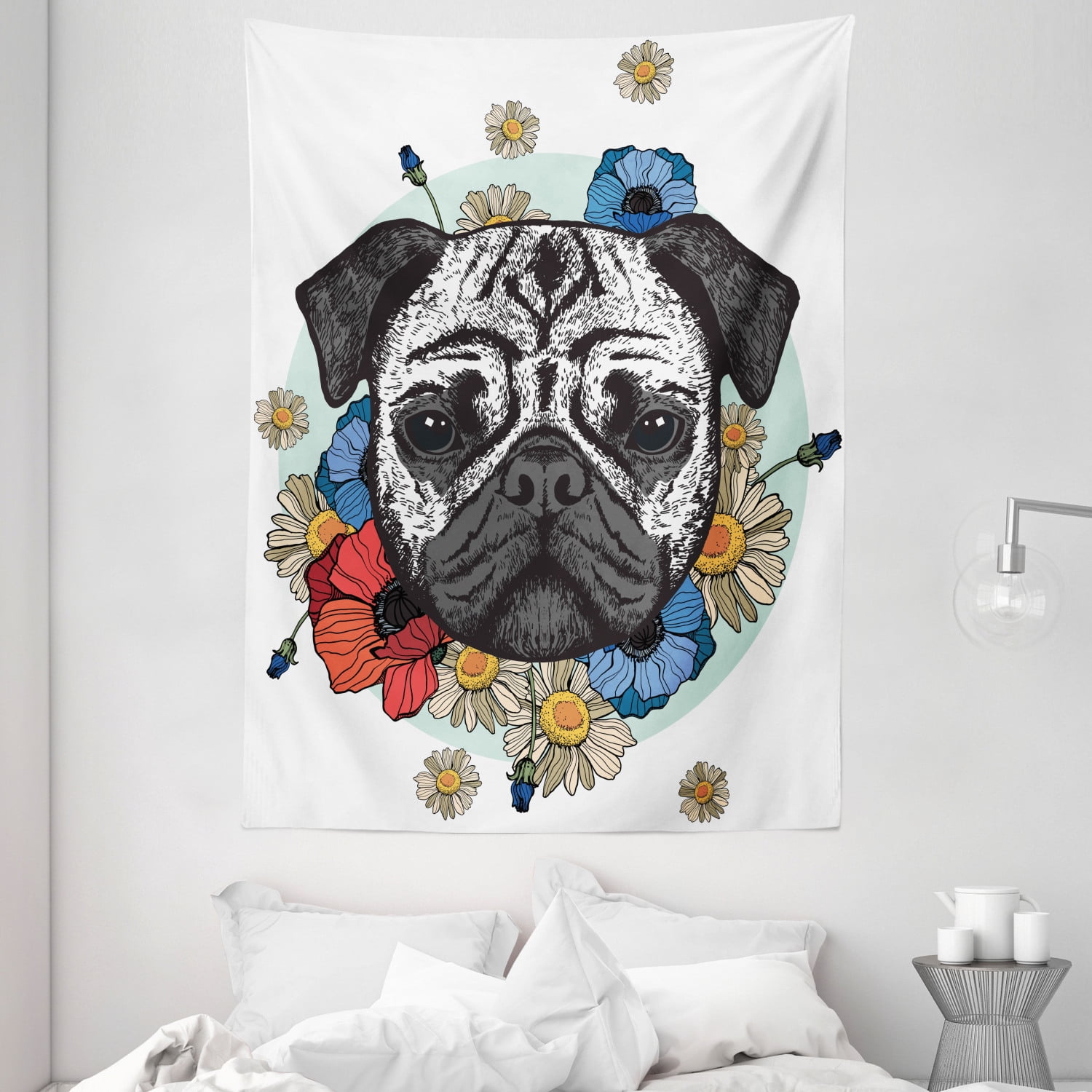 Pug Tapestry, Black and White Head of a Pug on Floral Arrangement with ...