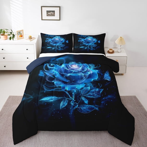 YST Blue Rose King Comforter Set,Black and Blue Floral Bedding Set for ...