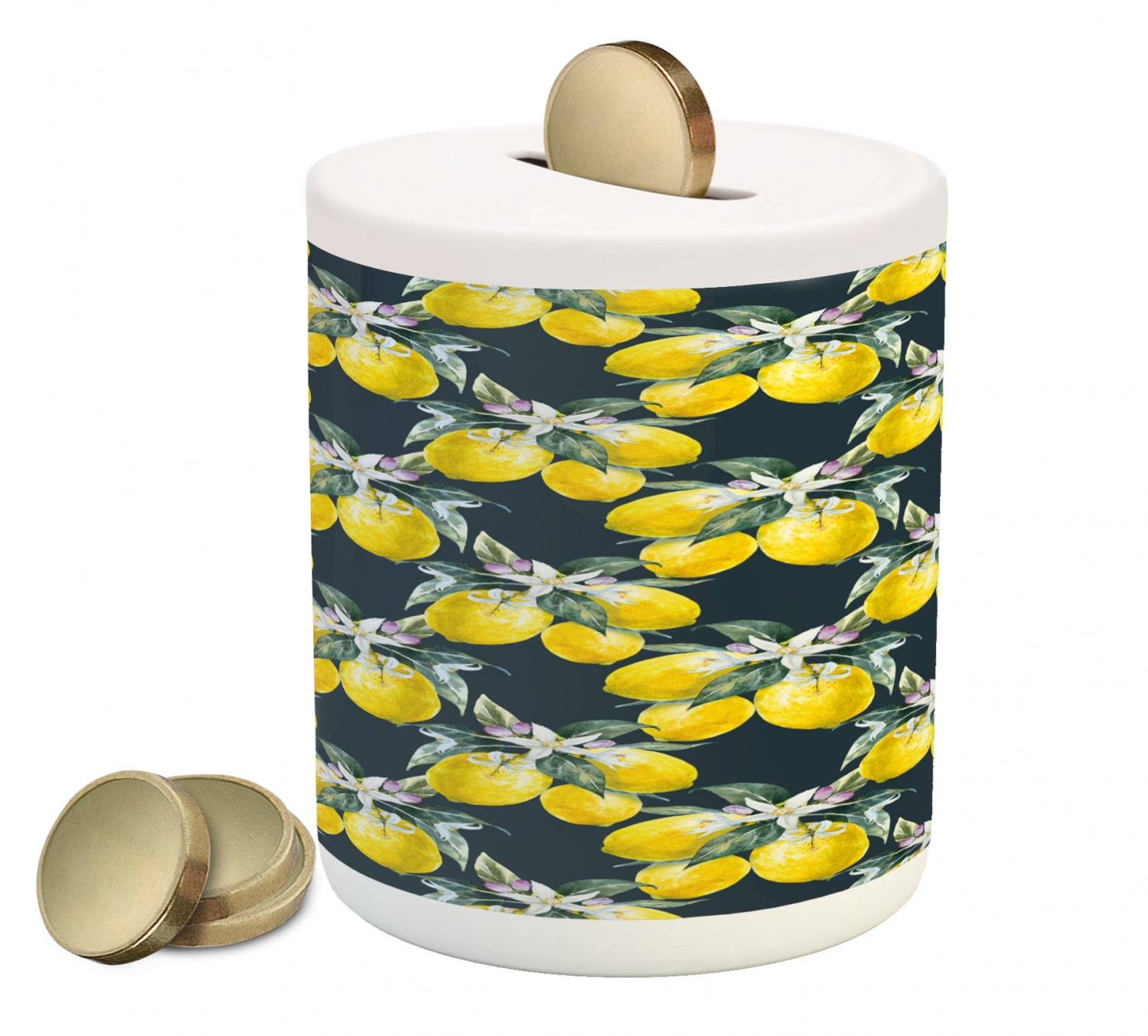Floral Piggy Bank, Lemon Tree with Flowering Plant Blooms Botany Eco ...