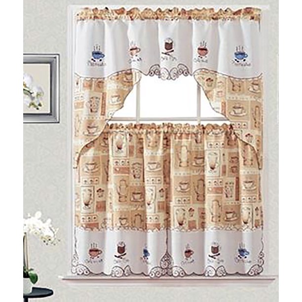 Cafe Mocha embroidery Design Kitchen Curtain with Swag and Tier Set 36 ...