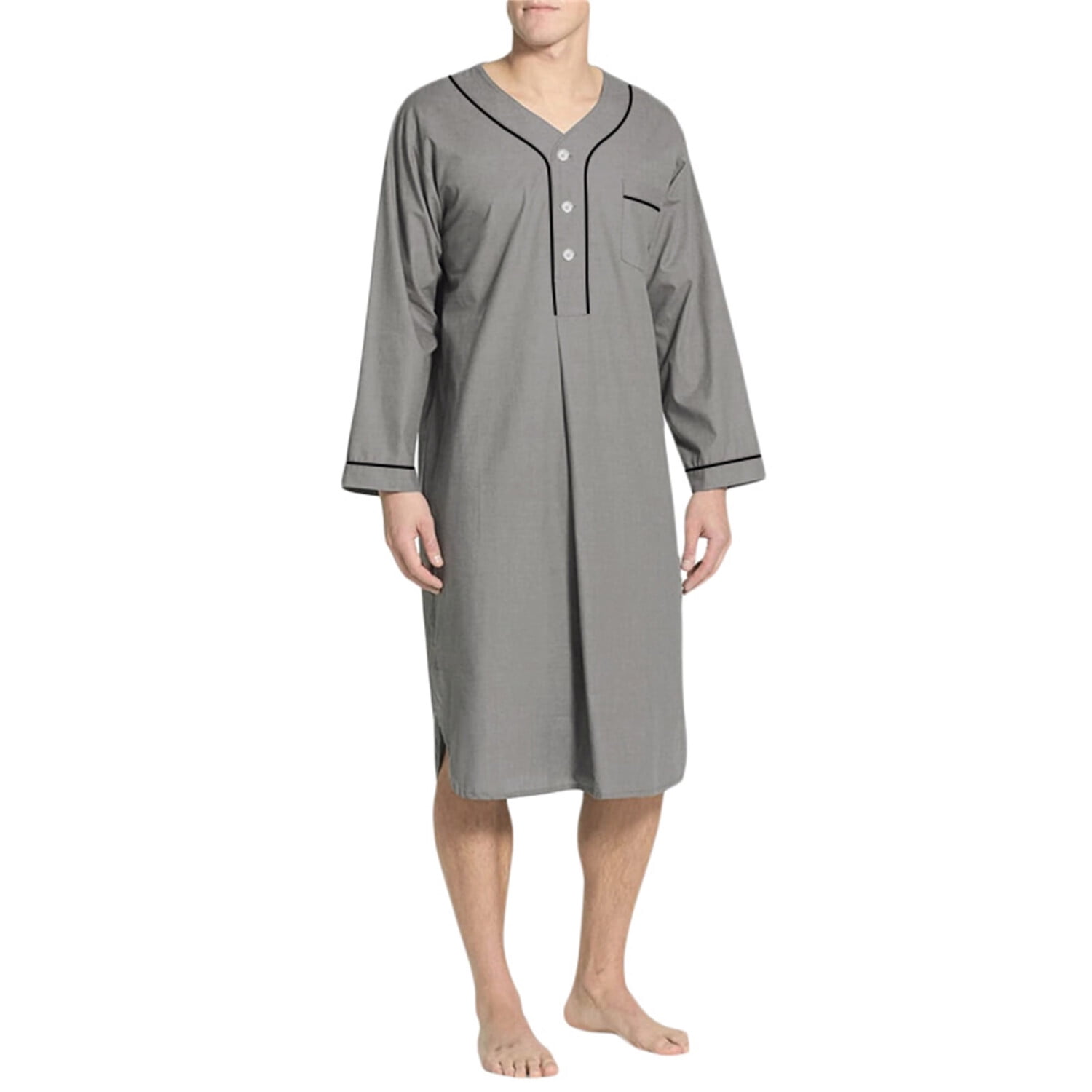 Mens Nightgown Loose Comfy Pajamas Long Sleeves Soft Plain Night shirts ...