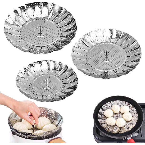 3PCS Folding Steamer Basket, Stainless Steel Fruit and Vegetable Drain ...