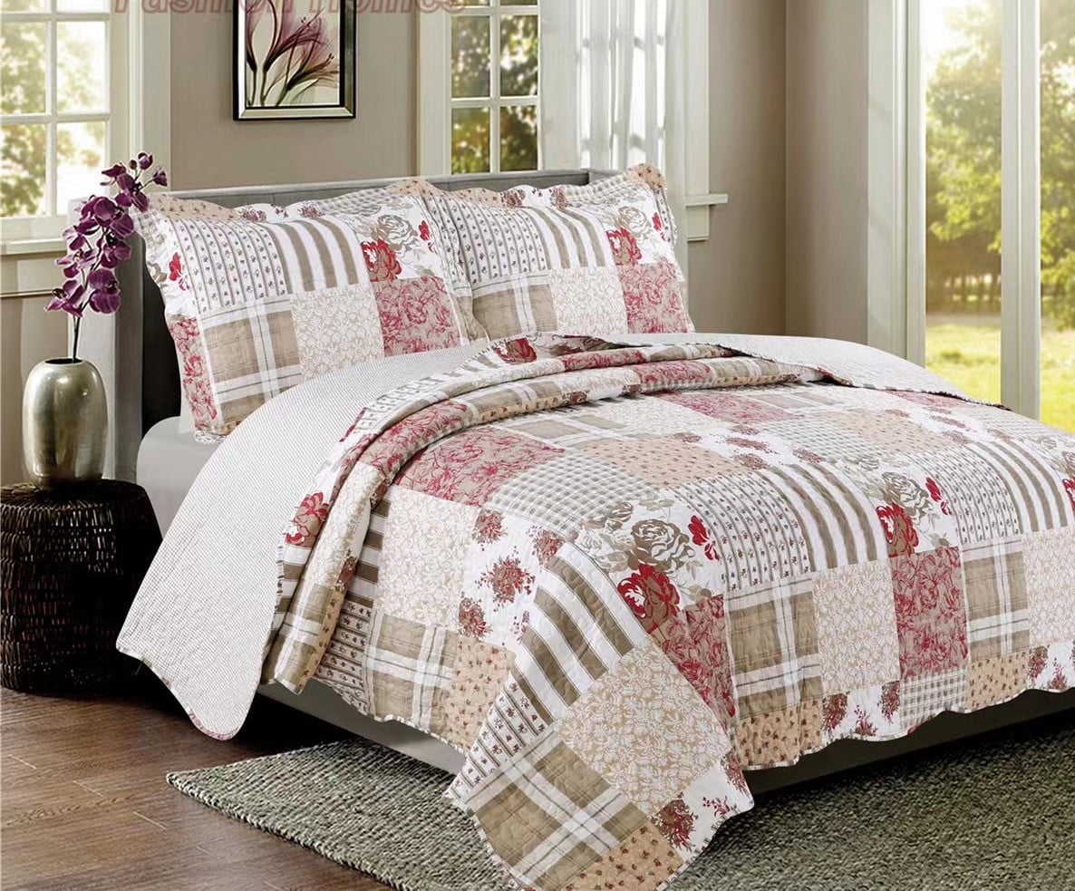 3-Piece Quilt Set Floral Patchwork Reversible Lightweight Quilt Size ...